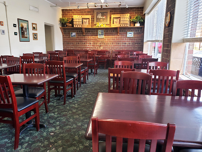 Cherry-red wooden chairs and tables create a no-nonsense dining room where conversations flow as freely as the gravy on your mashed potatoes.