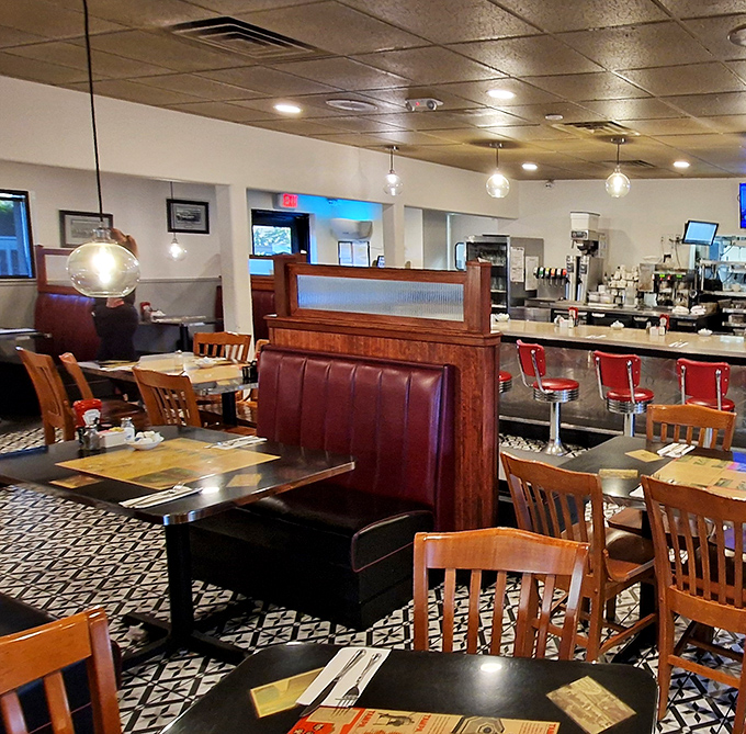 Classic red vinyl booths and wooden chairs create that perfect diner atmosphere&mdash;where calories don't count and coffee refills are practically mandatory.