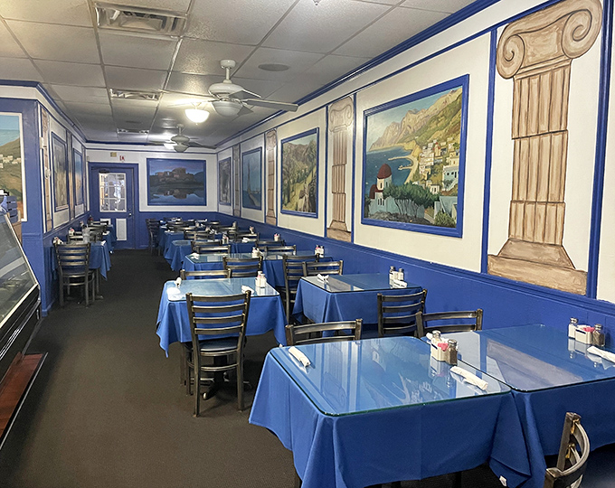 Step inside and you're greeted by a sea of blue tablecloths and Greek landscape paintings that make you forget you're in Ohio, not Santorini.