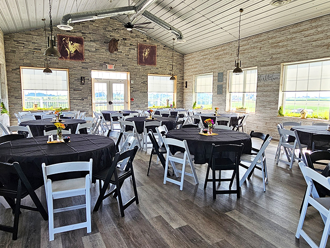 Stone walls and natural light create the perfect backdrop for memorable meals. This isn't just a dining room&mdash;it's rural Ohio's living room.