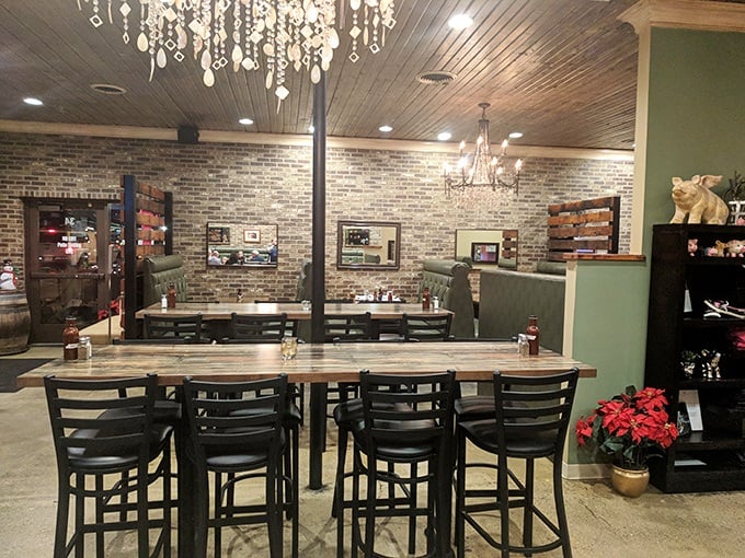 Chandeliers over barbecue? This unexpected elegance-meets-rustic vibe is like wearing cowboy boots with a tuxedo—and somehow, it works magnificently.