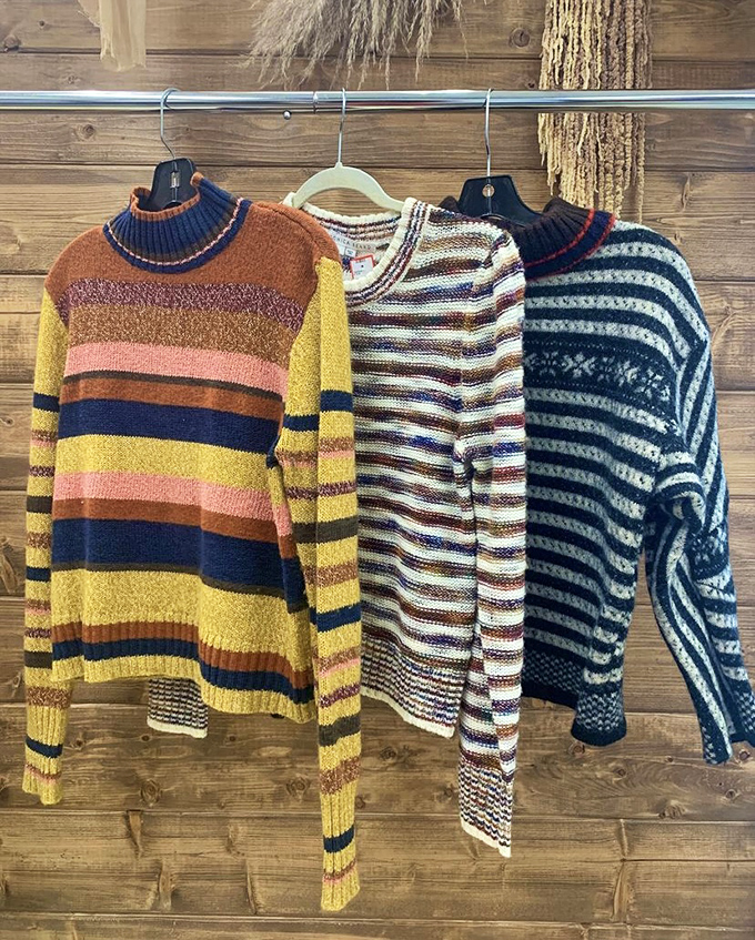 Fashion time travel: These vibrant striped sweaters aren't just clothing—they're wearable nostalgia waiting to keep someone stylishly warm through California's "brutal" 60-degree winters.