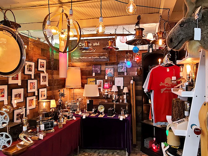 Edison would be proud&mdash;vintage lighting illuminates treasures while a mounted moose observes your shopping decisions with stoic approval.
