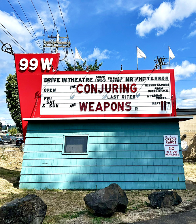 That iconic red marquee announces tonight's double feature. Horror films and popcorn&mdash;some traditions are too perfect to improve upon.