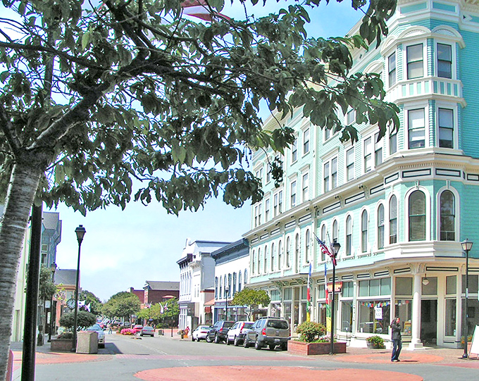 Pastel-colored Victorian storefronts line Old Town Eureka like a row of wedding cakes, each one more elaborately frosted than the next.
