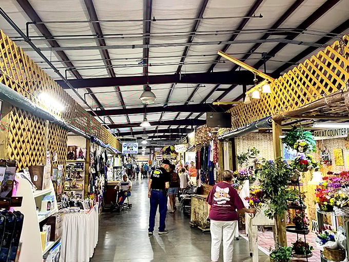 The wooden lattice dividers create a maze of mini-kingdoms, each vendor's space a unique universe of possibilities.