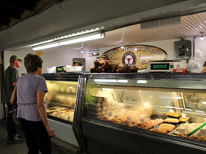 The meat counter at Miller Charm Farms offers a glimpse into Pennsylvania's farming heritage, with display cases that could make a vegetarian reconsider their life choices.