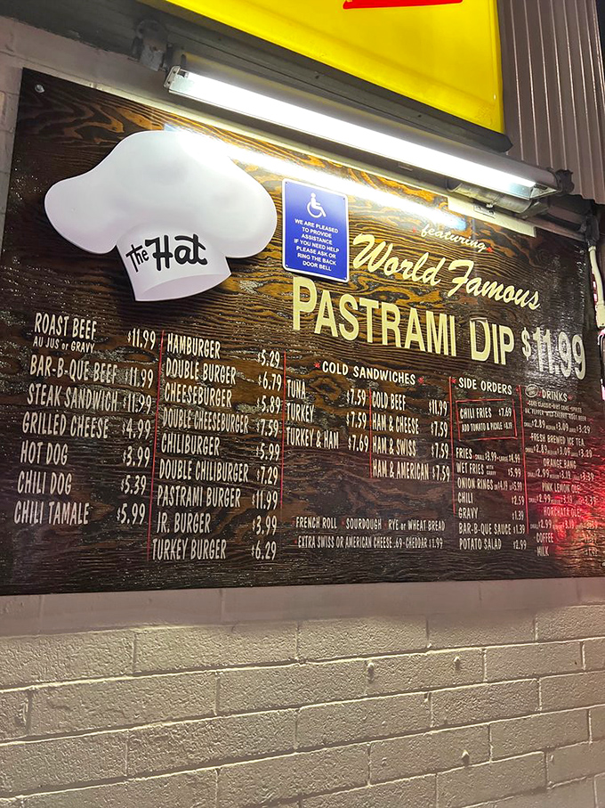 This menu board isn't just a list of options&mdash;it's a roadmap to happiness where the World Famous Pastrami Dip reigns supreme.