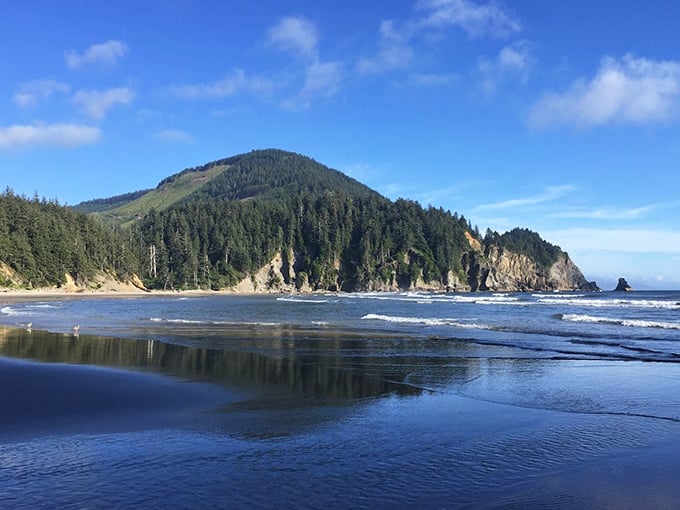 Where mountains meet the sea: Neahkahnie Mountain stands guard over Short Sand Beach like a sentinel from an epic fantasy novel.