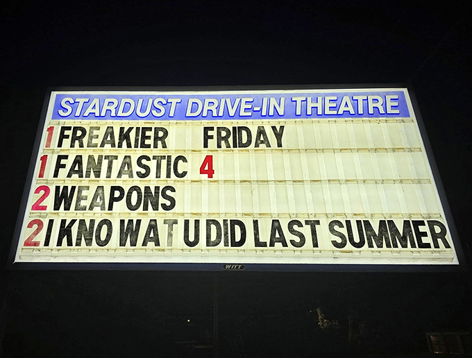 The iconic blue and yellow marquee announces tonight's double features&mdash;where else can you get four movies for the price of one night out?