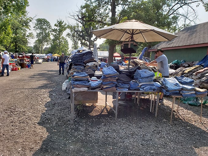 Denim paradise! Tables piled high with jeans and jackets under summer shade. One person's closet cleanout becomes another's fashion find.