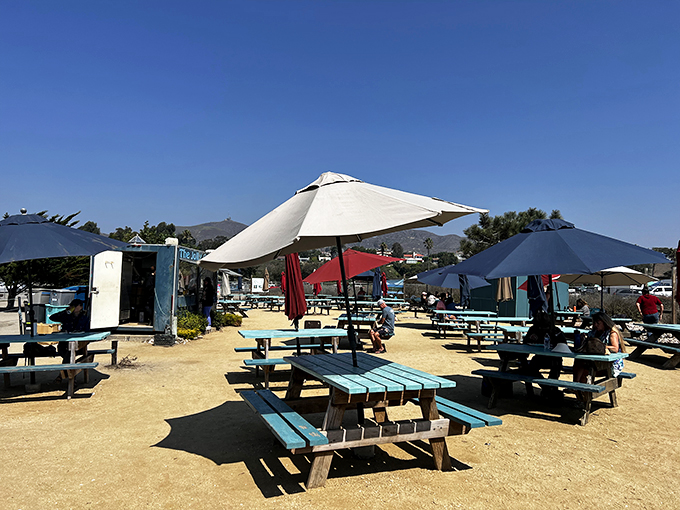 Paradise found: turquoise picnic tables under a cloudless California sky. The perfect setting for seafood that tastes like the ocean itself.