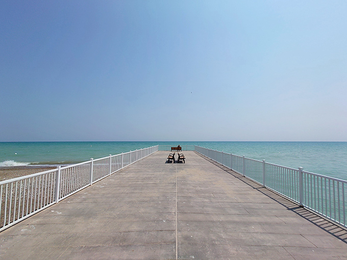 The horizon stretches endlessly, as if Illinois suddenly remembered it had waterfront property. This tranquil view makes you forget about your inbox faster than Wi-Fi at a remote cabin.