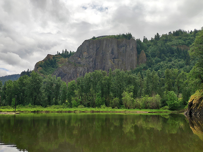 Nature's skyscraper: The iconic Rooster Rock formation stands sentinel over the Columbia River, a 400-foot reminder that Mother Nature was into monoliths long before Hollywood.