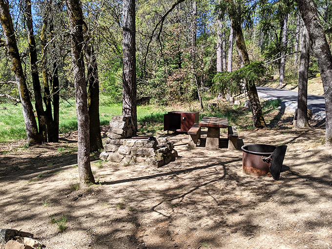 Lunch with a side of serenity. This shaded picnic area offers the perfect respite after a morning hike, complete with stone fire ring for s'mores enthusiasts.