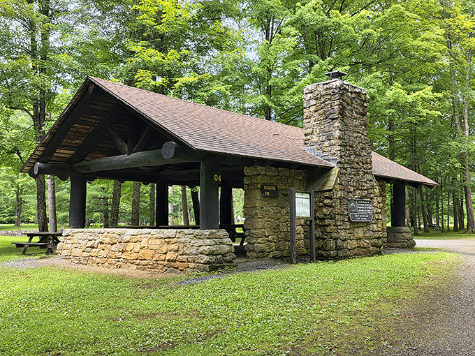 The CCC-built pavilion stands sturdy as your grandfather's handshake, with stonework that makes modern contractors weep.