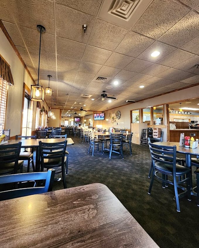 Inside, wooden accents and practical furnishings create that distinct small-town diner atmosphere no corporate chain could ever authentically replicate.v