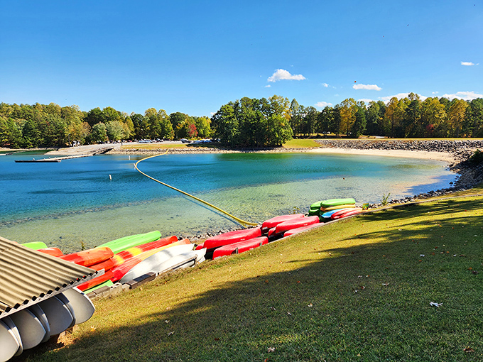 Nature's color palette on full display: Kayaks waiting patiently like eager puppies for someone to take them gliding across Jocassee's impossibly clear waters.