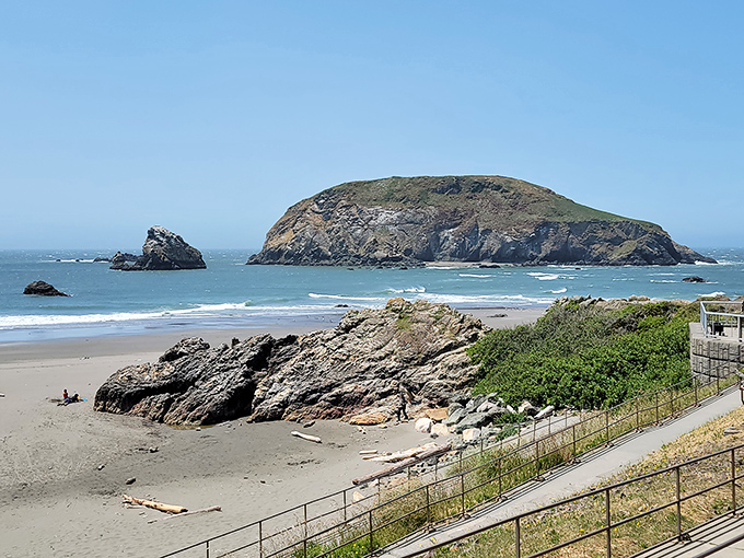 Bird Island stands majestically offshore, a wildlife sanctuary where tufted puffins and other seabirds find refuge far from the mainland hustle.
