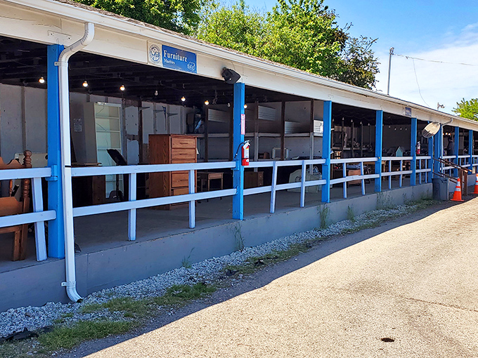Like a well-organized garage sale that never ends, the side view reveals just how expansive this thrifting paradise truly is.