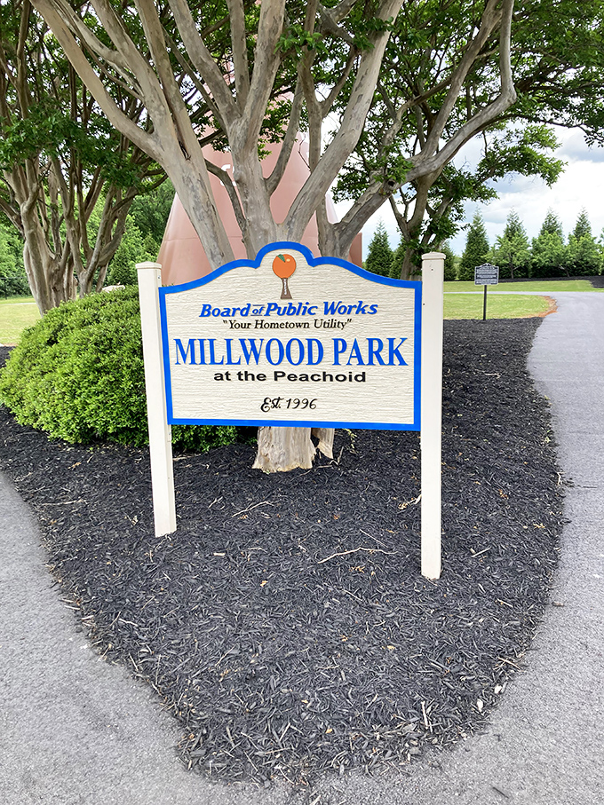 Millwood Park welcomes visitors to the Peachoid with this charming sign. The perfect spot for your "just peachy" Instagram moment.