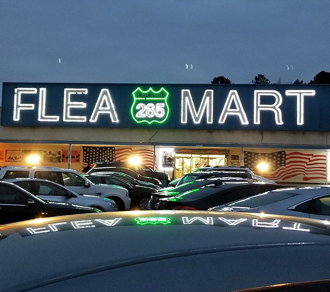 After dark, the neon sign transforms into a beacon for night owls and early birds alike. The glow promises adventures in commerce that big-box stores simply can't deliver.