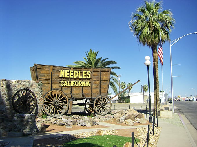 Nothing says "you've arrived" quite like a wooden wagon announcing your presence. Needles' iconic welcome sign greets visitors with Route 66 nostalgia.