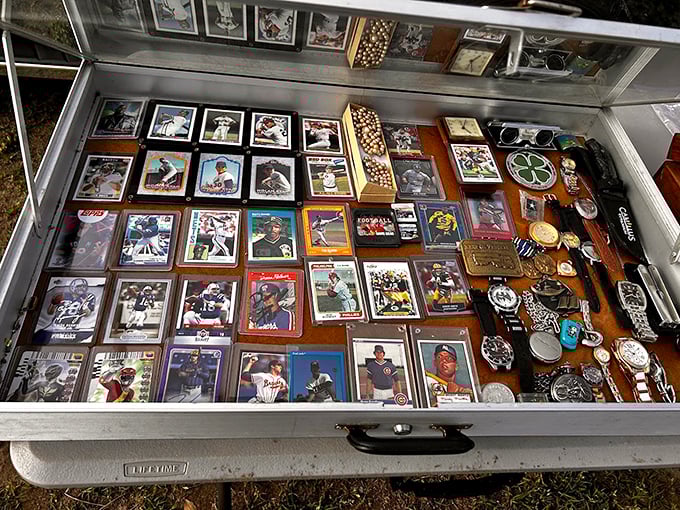 Baseball card heaven! For collectors and nostalgic fans alike, these display cases hold memories of childhood heroes and forgotten seasons.