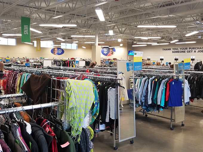 A sea of clothing racks stretches to the horizon, each hanger potentially holding your next favorite outfit or conversation starter.