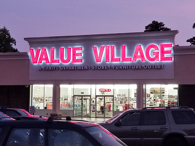 As dusk falls, Value Village's neon glow transforms into a siren call for night owls seeking last-minute deals and unexpected finds.