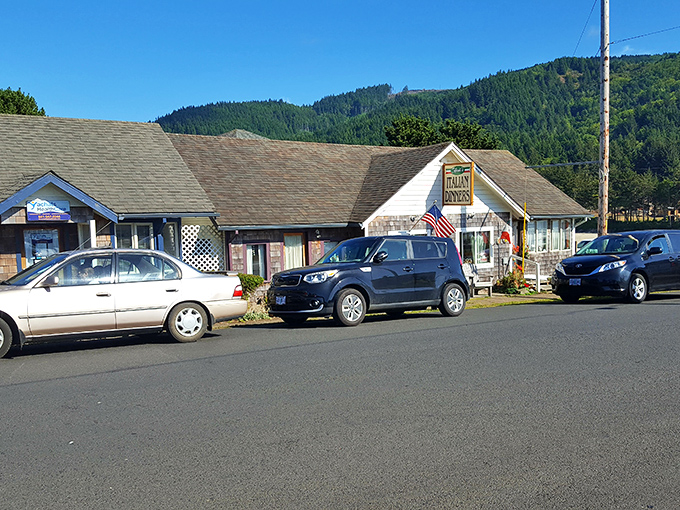 Small-town charm personified: Yachats' main street businesses stand ready to welcome visitors with that distinctly Oregon blend of casual and quaint.
