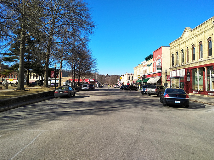 Winter reveals Baraboo's downtown square in its architectural glory, where century-old buildings stand shoulder to shoulder like old friends who've weathered many storms together.