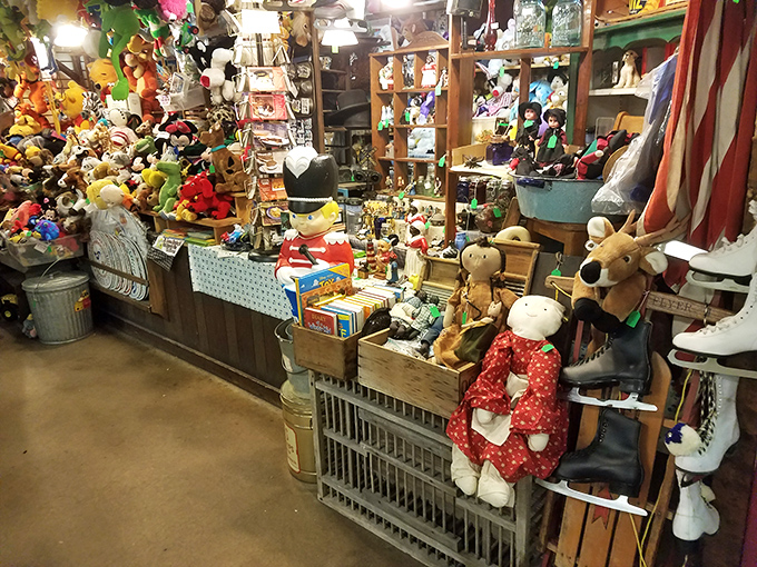 A wonderland of plush companions waiting for new homes. That bear in the red dress isn't judging your other purchases... much.