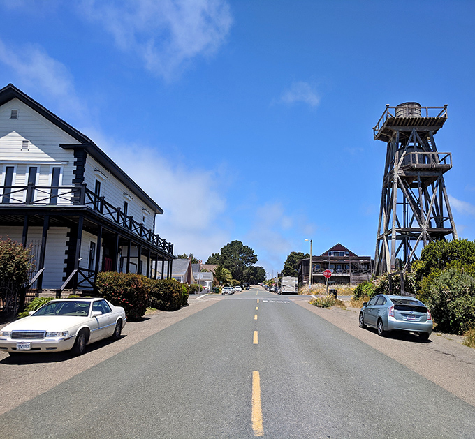 Main Street Mendocino, where the water tower stands sentinel and not a single franchise store dares to break the spell of timelessness.