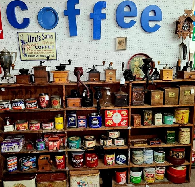 Coffee lovers, rejoice! This caffeinated corner showcases America's morning ritual through decades of packaging, grinders, and percolators that brewed generations of conversations.