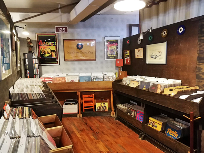 Vinyl heaven awaits music lovers! Row after glorious row of albums spanning decades, where forgotten B-sides and hidden gems lurk between the classics.