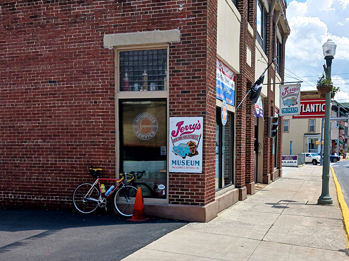 The unassuming brick entrance to Jerry's Museum proves once again that the best treasures in Pennsylvania hide in plain sight on small-town streets.