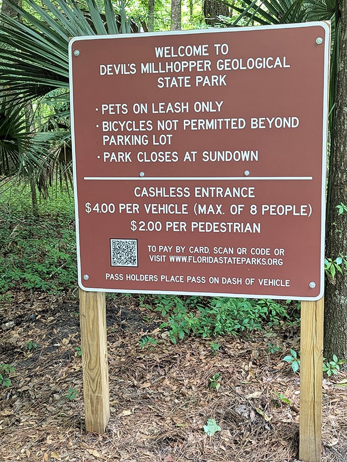 The entrance sign lays down the ground rules. No bikes in the sinkhole—which seems fair, as cycling down a 120-foot pit sounds terrifying anyway.