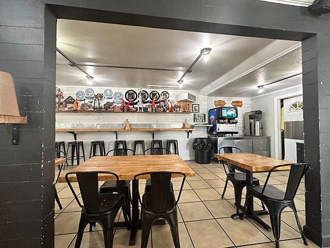 Industrial chic meets small-town warmth in this thoughtfully designed dining space that feels both trendy and timeless.