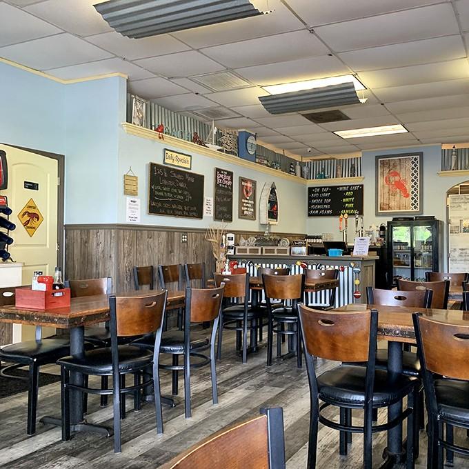 Inside, weathered wood and nautical charm create the perfect backdrop for serious seafood conversations.