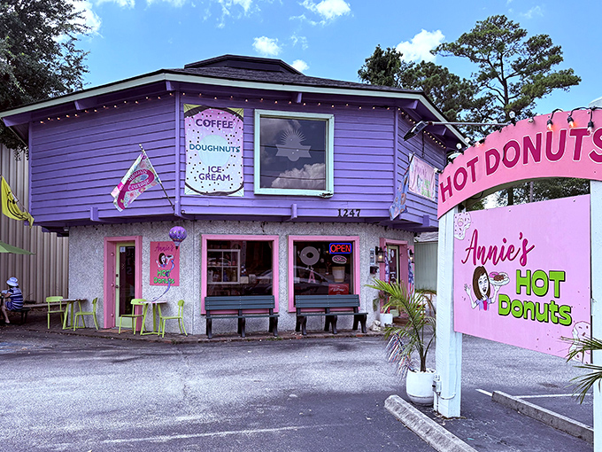 Purple passion for pastry! Annie's vibrant shop looks like Willy Wonka opened a donut factory on a South Carolina street corner.
