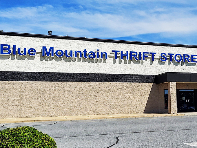 Blue Mountain Thrift Store's bold signage promises adventure. It's the Fort Knox of secondhand treasures in Palmyra!