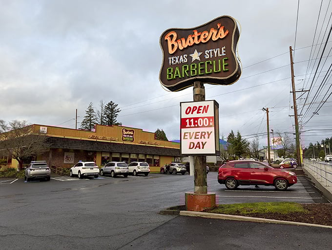 That classic barbecue joint architecture promises authentic Texas flavors waiting inside for hungry travelers and locals alike.