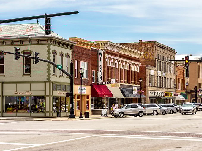 Celina's colorful downtown buildings stand proudly against blue skies, offering affordable charm that won't drain your retirement fund.