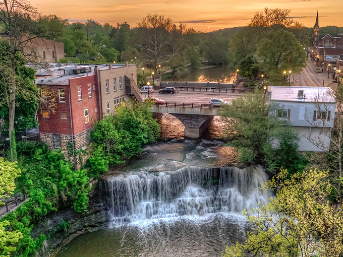 Chagrin Falls' cascading waterfall creates nature's soundtrack in the heart of town, mesmerizing visitors as it tumbles over ancient rocks.