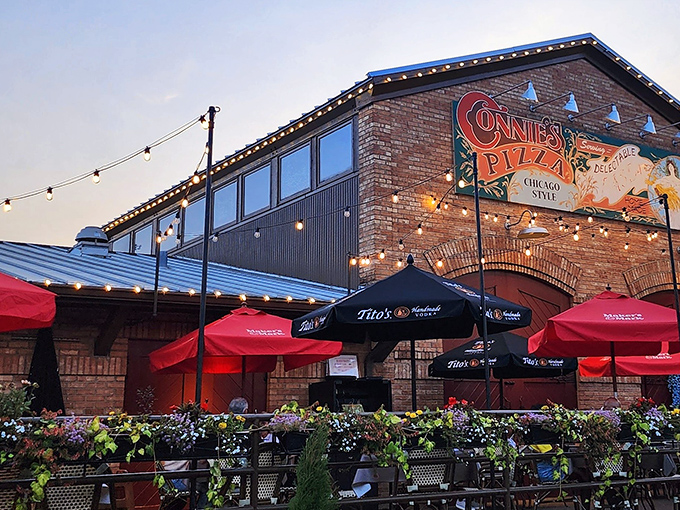 String lights and brick walls create the perfect backdrop for deep-dish dreams coming true.