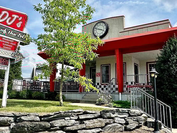 Red, white, and absolutely right - DJ's screams authentic 1950s charm louder than a jukebox at full volume.