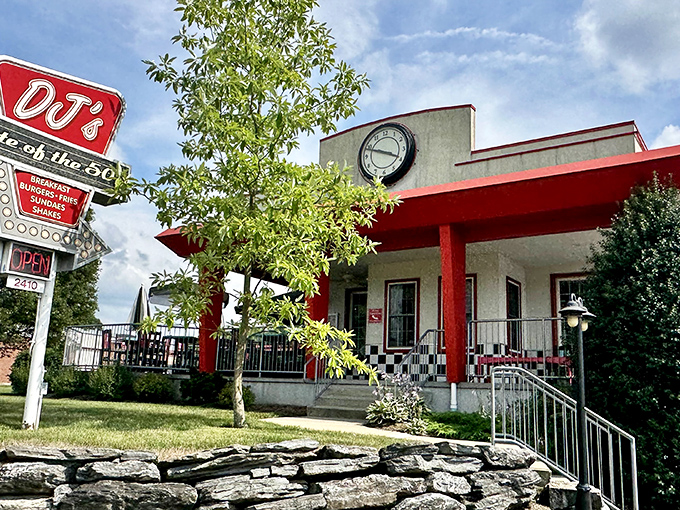 DJ's red exterior pops against the sky like a time machine ready to whisk you back to sock hops and soda fountains.