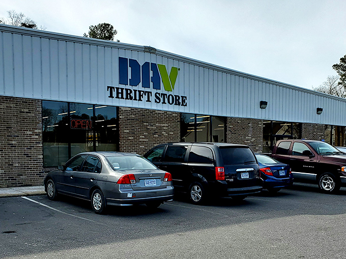 DIY paradise or budget shopper's heaven? The DAV Thrift Store's bold blue sign promises adventures in affordable retail therapy.