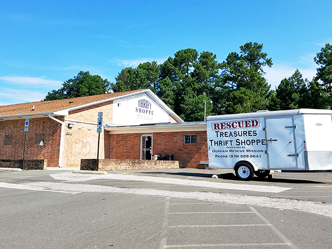 The brick facade and rescue mission truck hint at stories of second chances for both items and people.